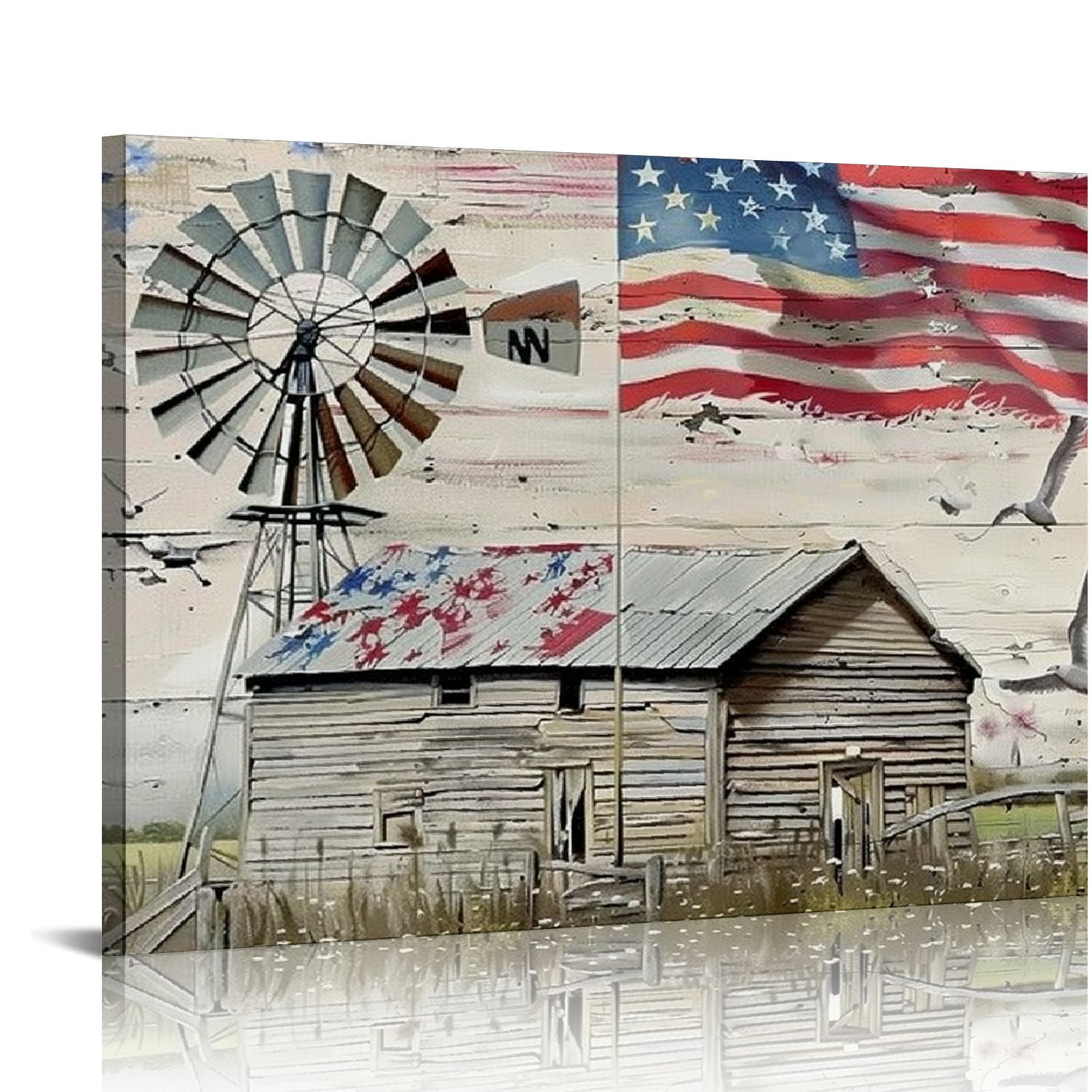 Chilfamy Rustic American Barn Canvas Wall Art Farmhouse Windmill Flag ...