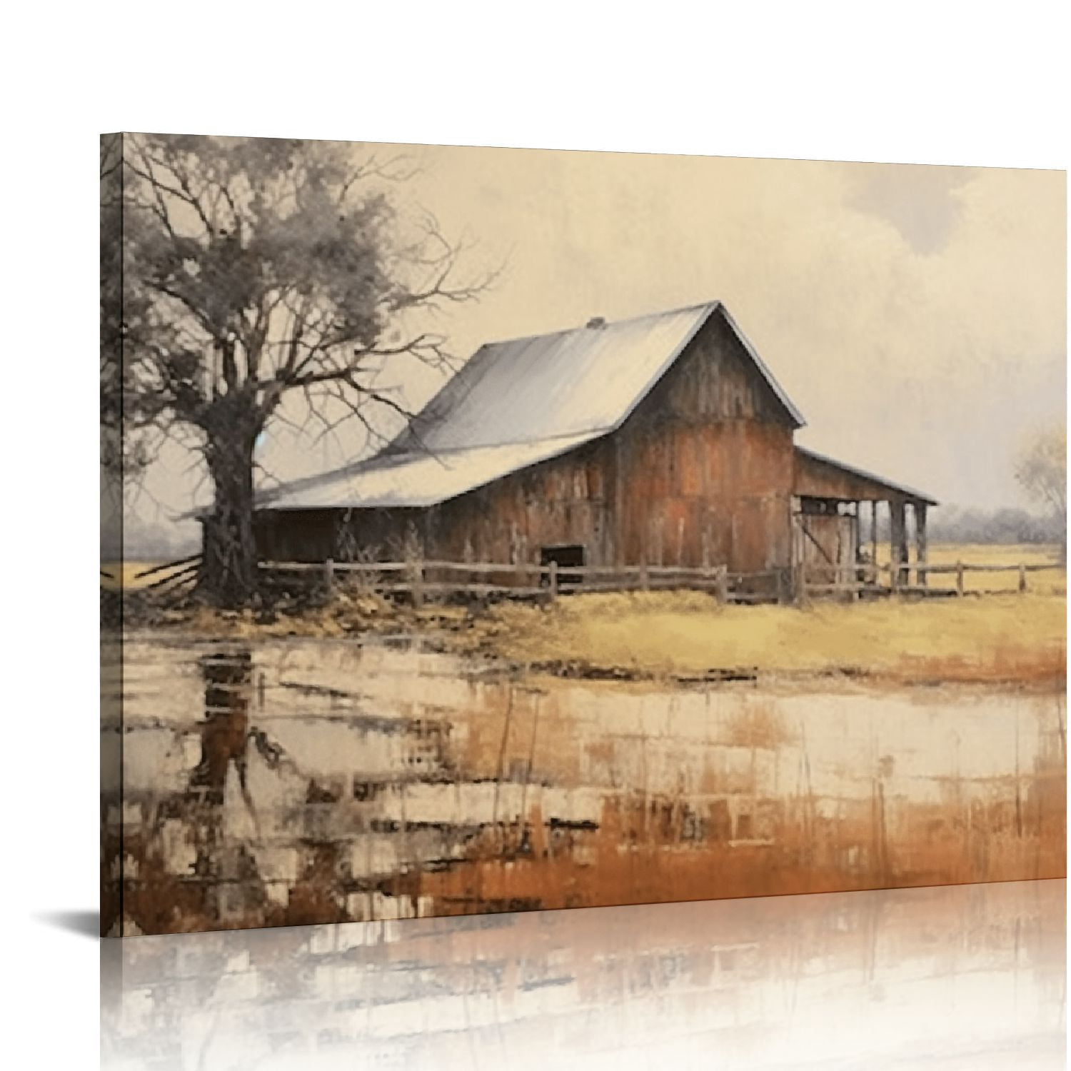 Chilfamy Rustic Canvas Wall Art Old Barn Textured Painting Vintage ...