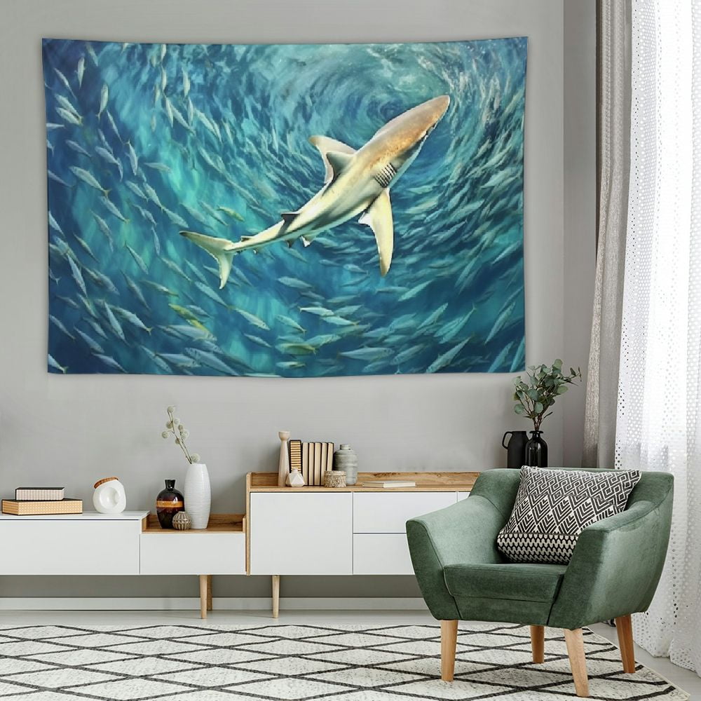 Chilfamy Safari Decor Tapestry Wall Hanging, White Shark Hunting Fishes ...