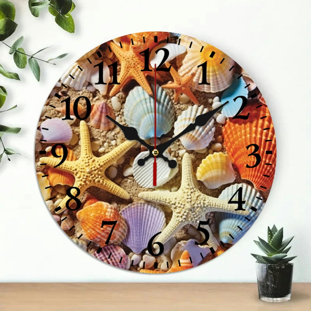 Chilfamy Sea Shells Starfish Beach Wooden Wall Clock Decor Silent ...