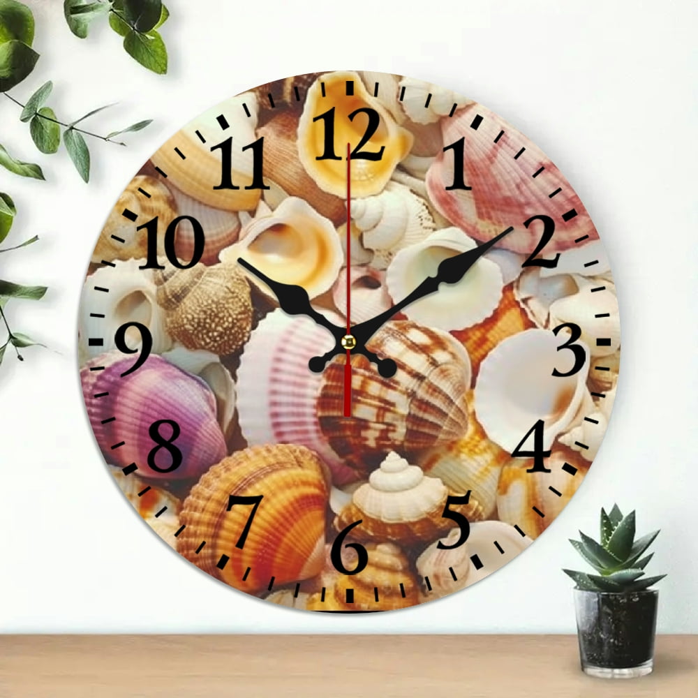 Chilfamy Sea Shells Theme 10 Inch Round Wooden Wall Clock for Home ...