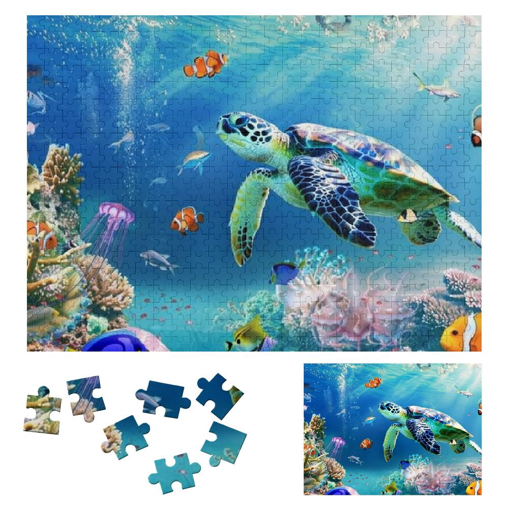 Chilfamy Sea Turtle Fish Jellyfish Print Wooden Jigsaw Puzzle for ...