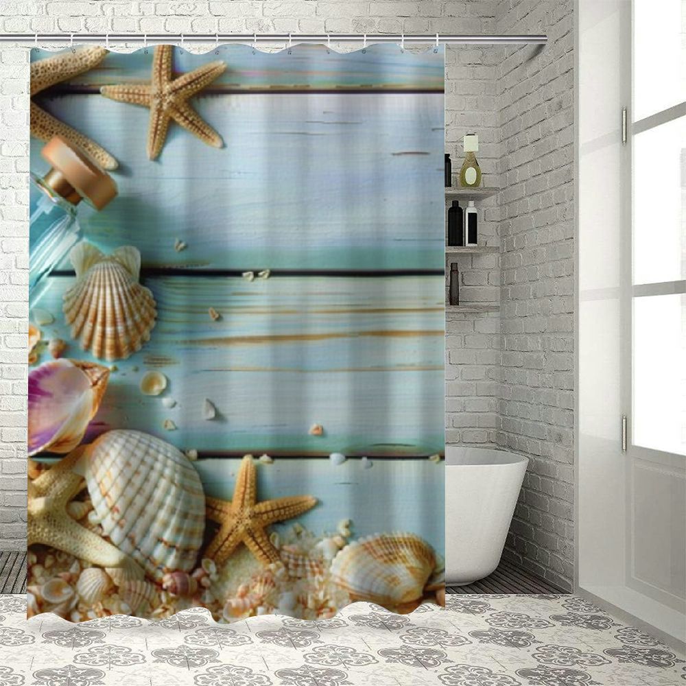 Chilfamy Seashell Shower Curtain Set, Sea Shells Starfish on Teal ...