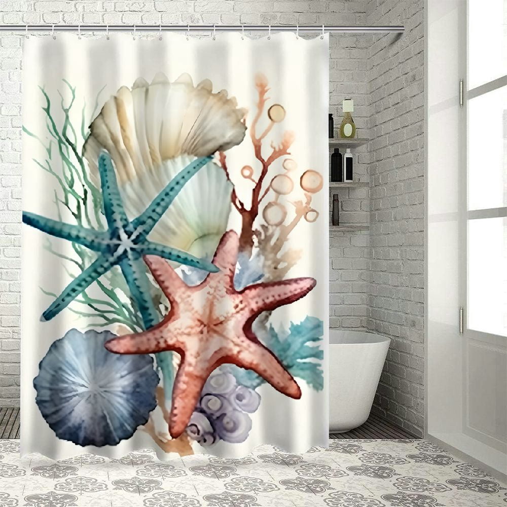 Chilfamy Seashells Corals Blue Starfish Shower Curtain Cloth Fabric ...