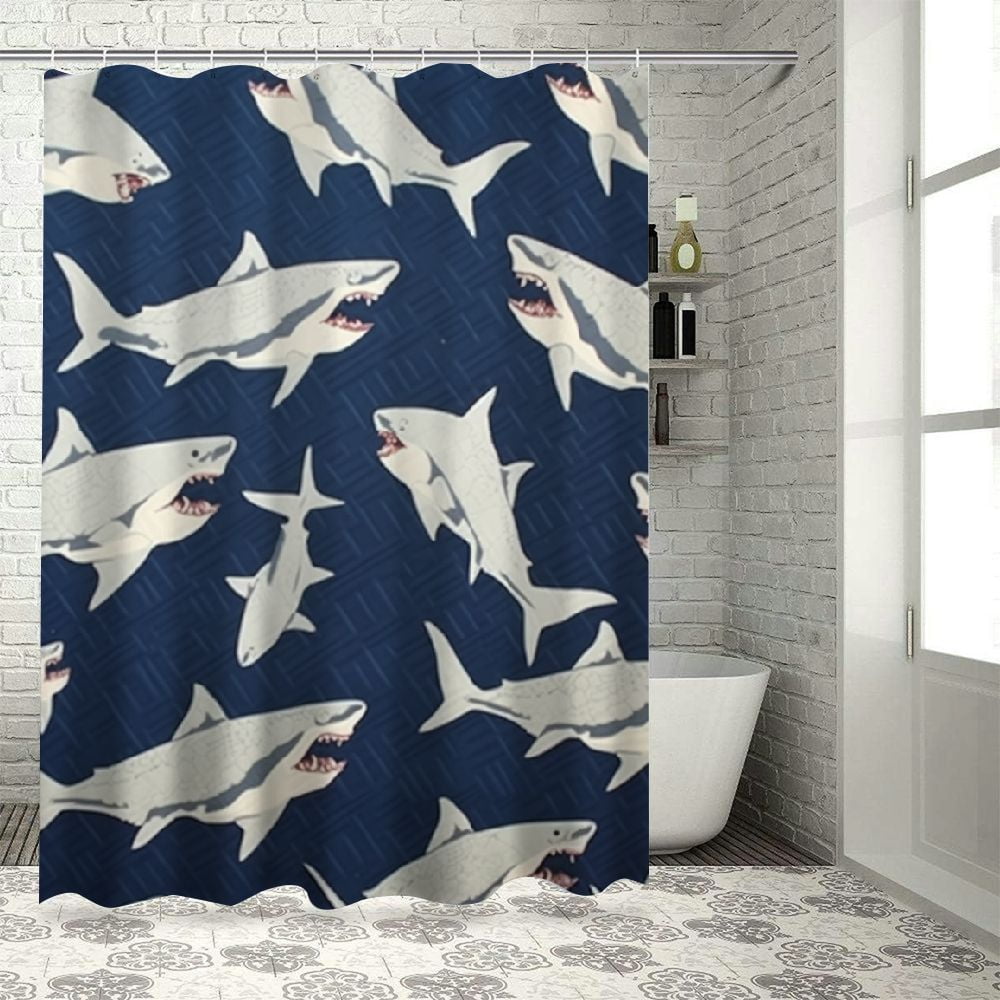Chilfamy Shark Shower Curtain Navy Blue Ocean Animal, Sharks Swimming ...
