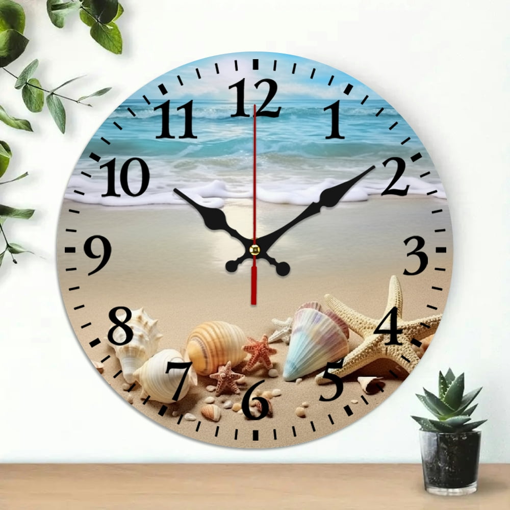 Chilfamy Shells Starfish Beach Round Wooden Wall Clock, 10 Inch ...