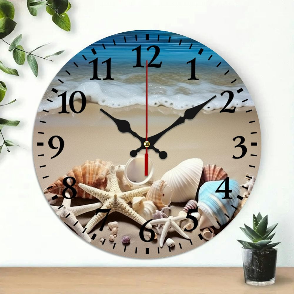 Chilfamy Shells Starfish Beach Round Wooden Wall Clock Decor 10-inch ...