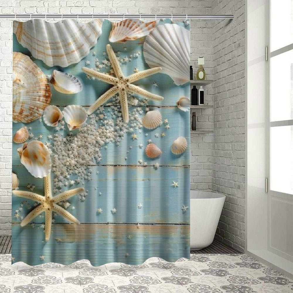Chilfamy Shower Curtain Seashells Starfish Wooden Nautical Border ...