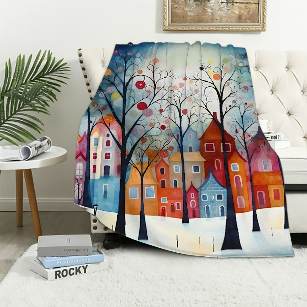 Chilfamy Snowy Landscape Trees Houses Throw Blanket for Couch Sofa Bed ...