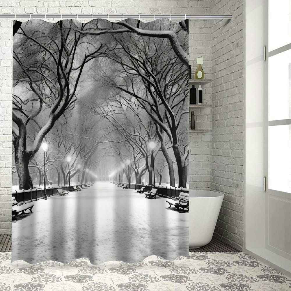 Chilfamy Snowy Street Benches Trees Pretty Shower Curtain Bathroom ...