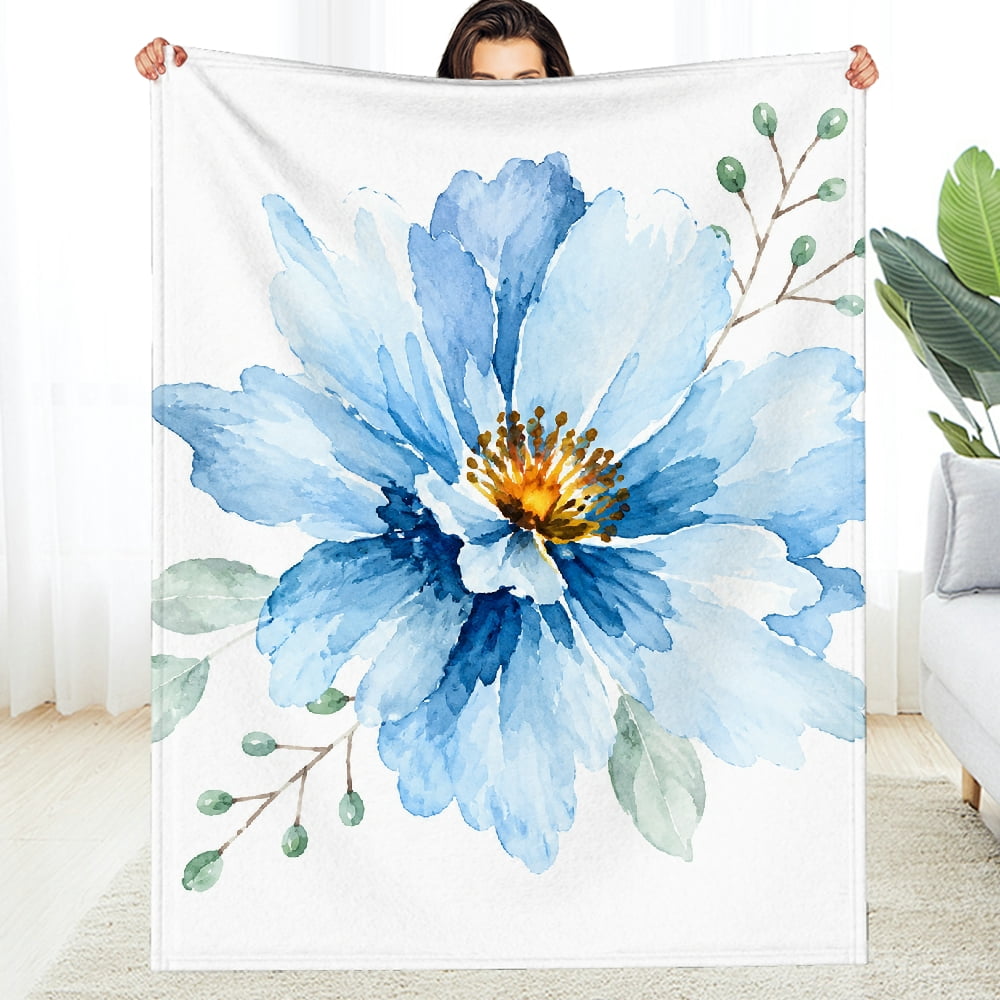 Chilfamy Soft Flannel Fleece Blanket, Blue Watercolor Bloom Fuzzy ...