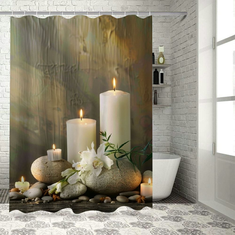 Chilfamy Spa Shower Curtain, Composition of Pure Candles Wooden ...