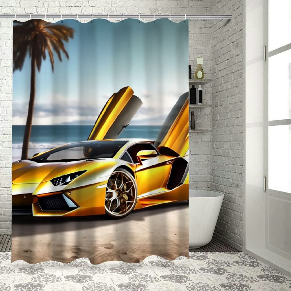 Chilfamy Sports Car Palm Tree Ocean Printed Shower Curtain Set 100% ...