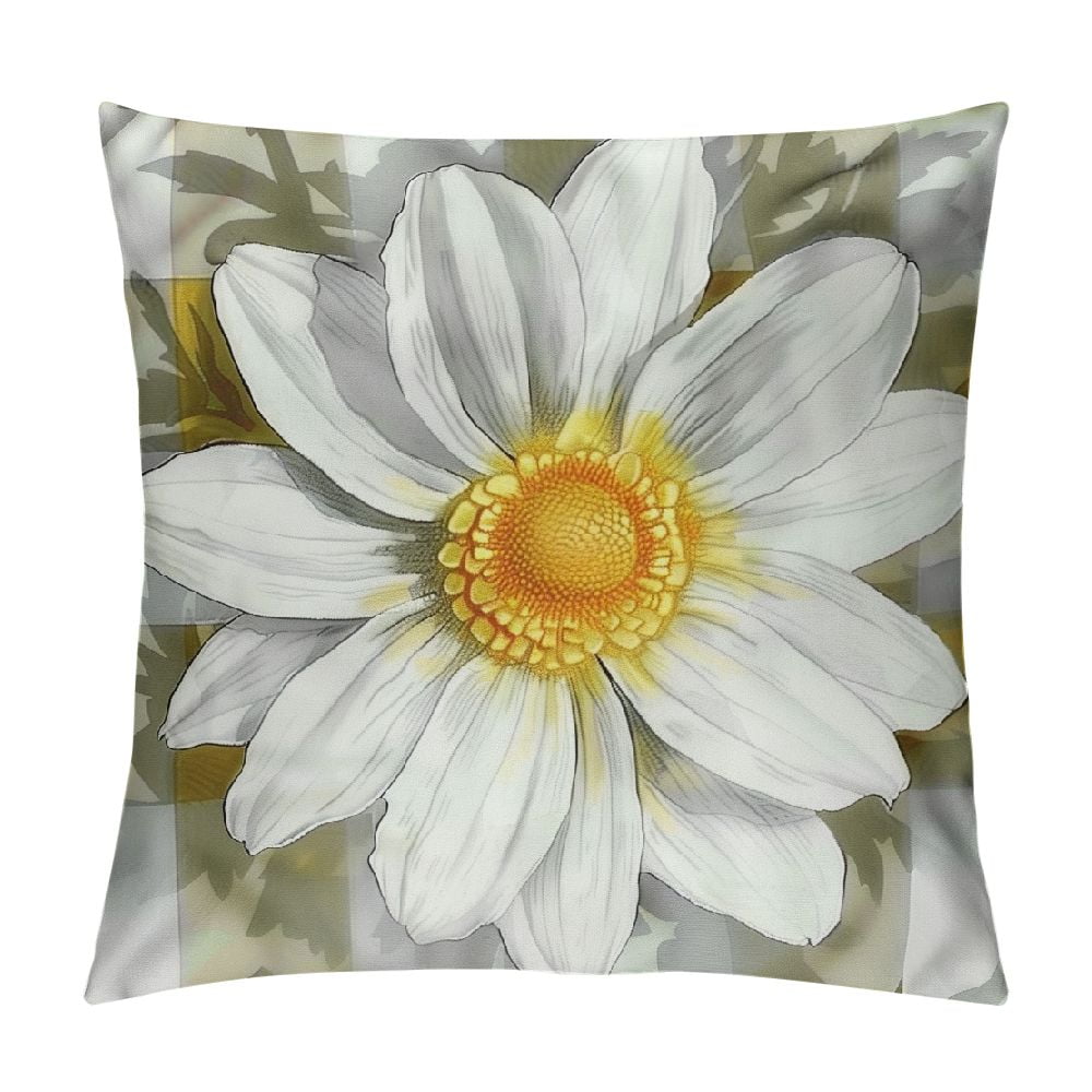 Chilfamy Spring Daisy Pillow Covers White Grey Buffalo Check Daisy ...