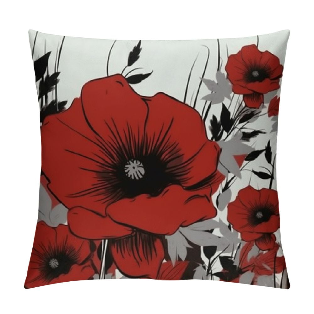 Chilfamy Spring Floral Black Red Poppy Flower Throw Pillow Covers ...
