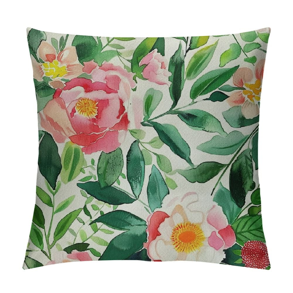 Chilfamy Spring Pillow Covers ,Pink Flowers Green Leaves Watercolor ...