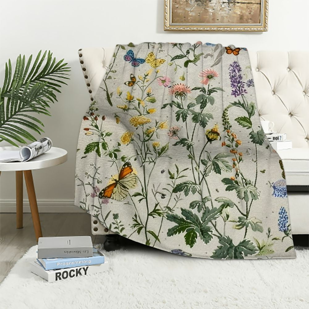 Chilfamy Spring Throw Blanket Wildflowers Butterfly Blanket Green Wild ...