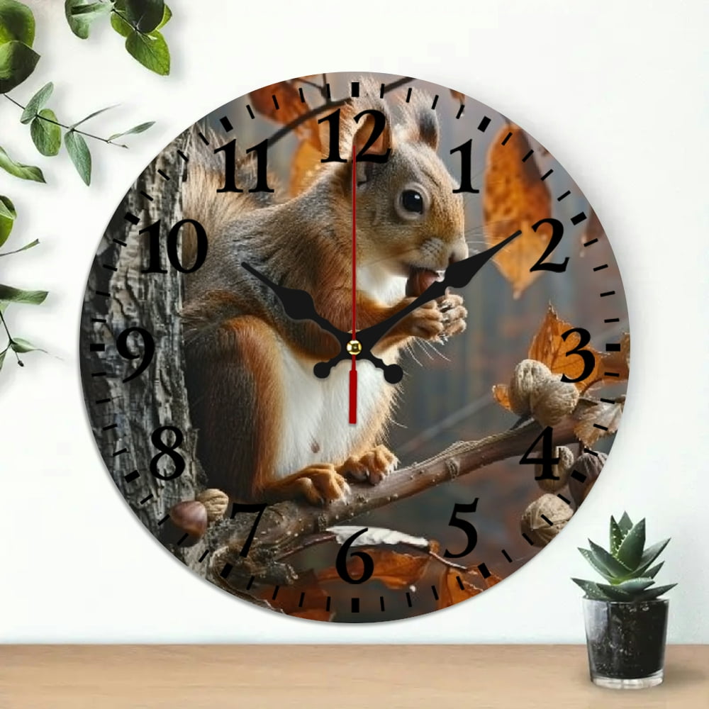Chilfamy Squirrel Tree Branch Nut Round Wooden Wall Clock Decor for Living Room 10 Inches ...