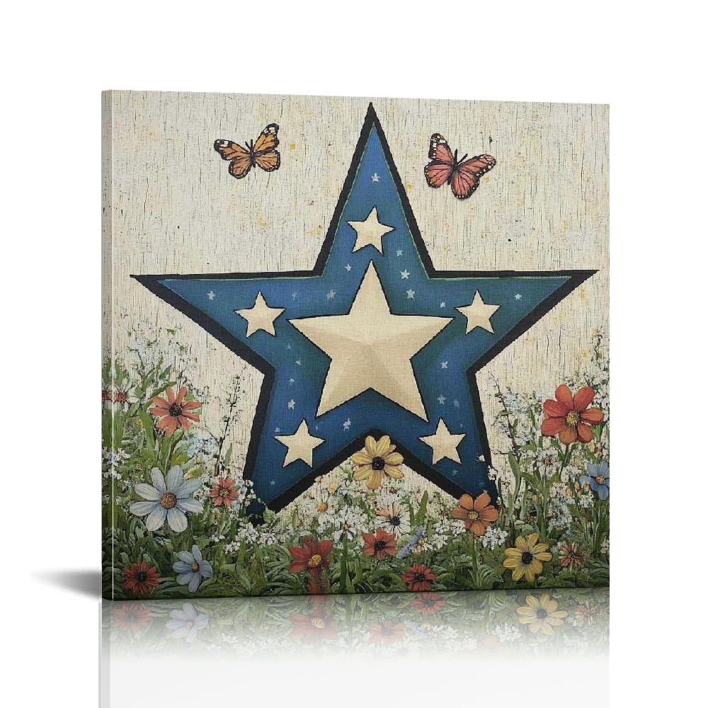 Chilfamy Star Flowers Butterfly Canvas Print Wall Decor Art 12x12in ...