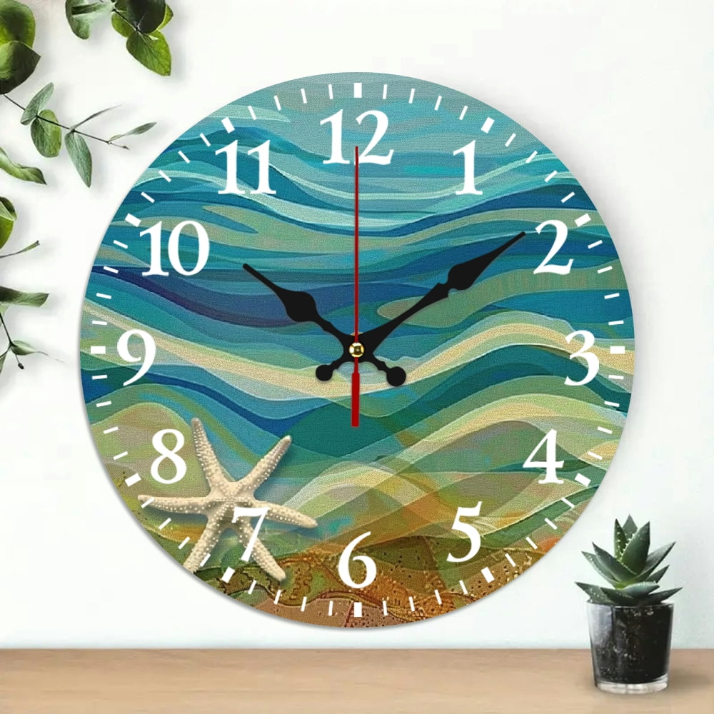 Chilfamy Starfish Beach Waves Theme Wooden Wall Clock, 10 Inch Round ...