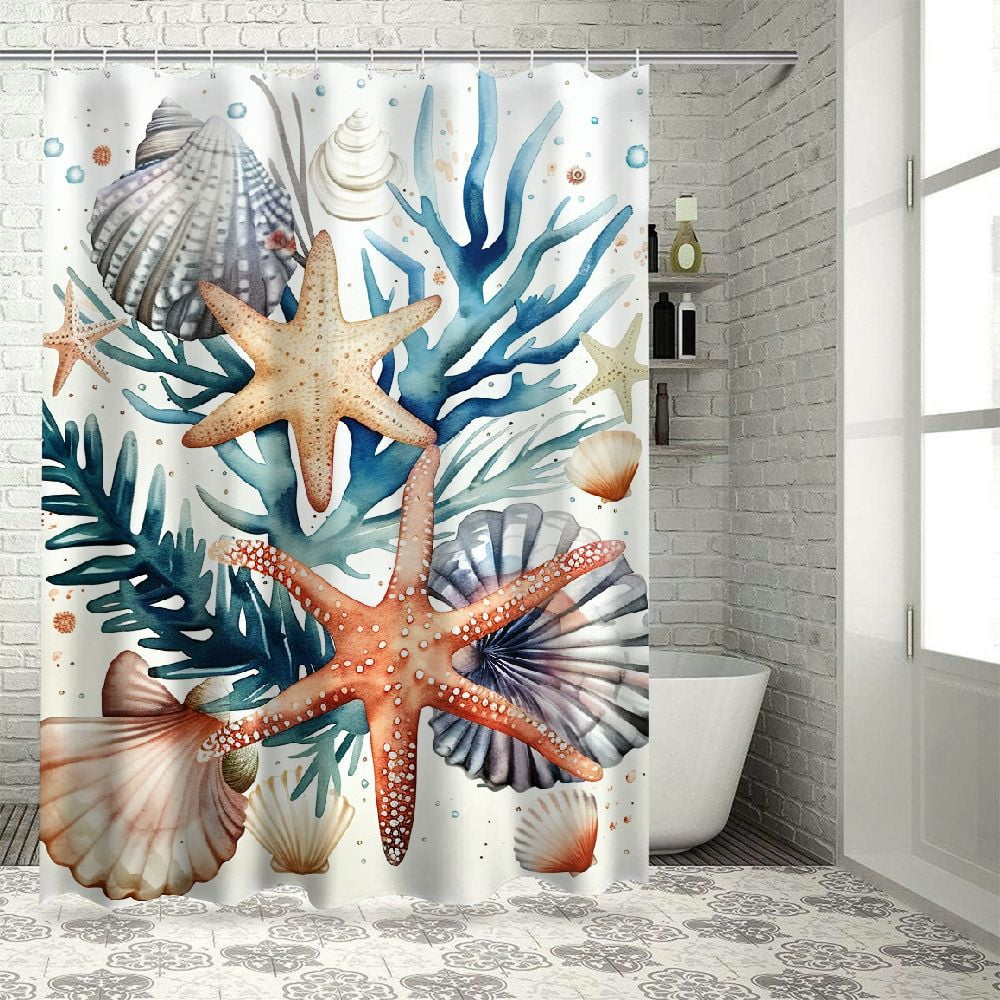 Chilfamy Starfish Sea Shells Blue Seaweed Printed Shower Curtain 100% ...