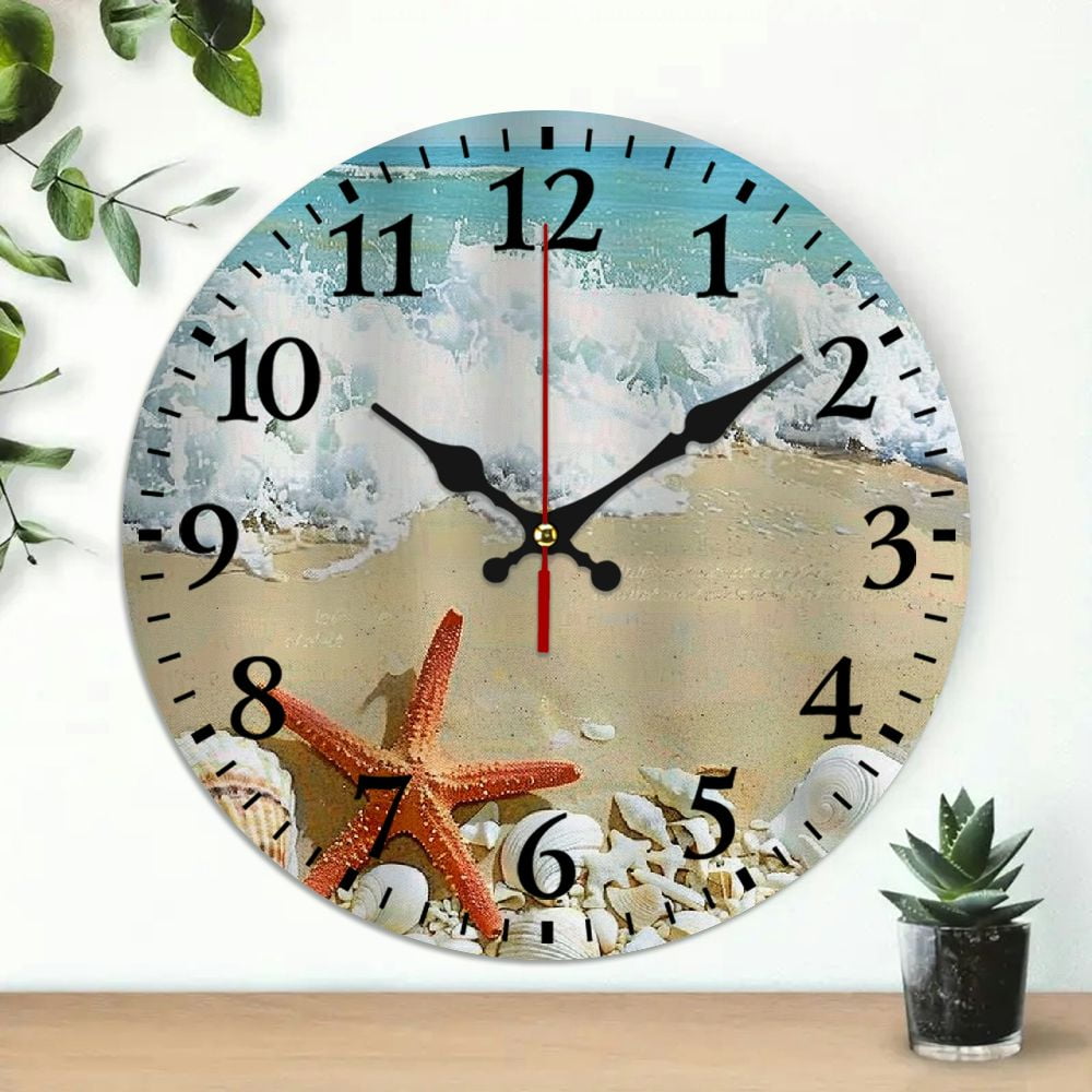 Chilfamy Starfish Shells Beach Wooden Wall Clock Decor 10-inch Silent ...