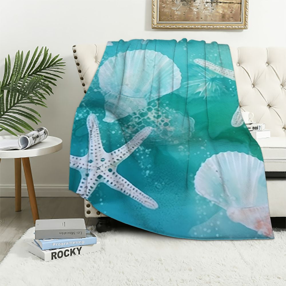 Chilfamy Starfish Shells Underwater Print Throw Blanket for Bed Couch ...