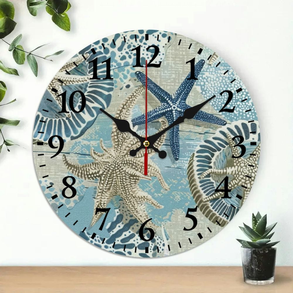 Chilfamy Starfish Shells Wallpaper Round Wooden Wall Clock Silent ...