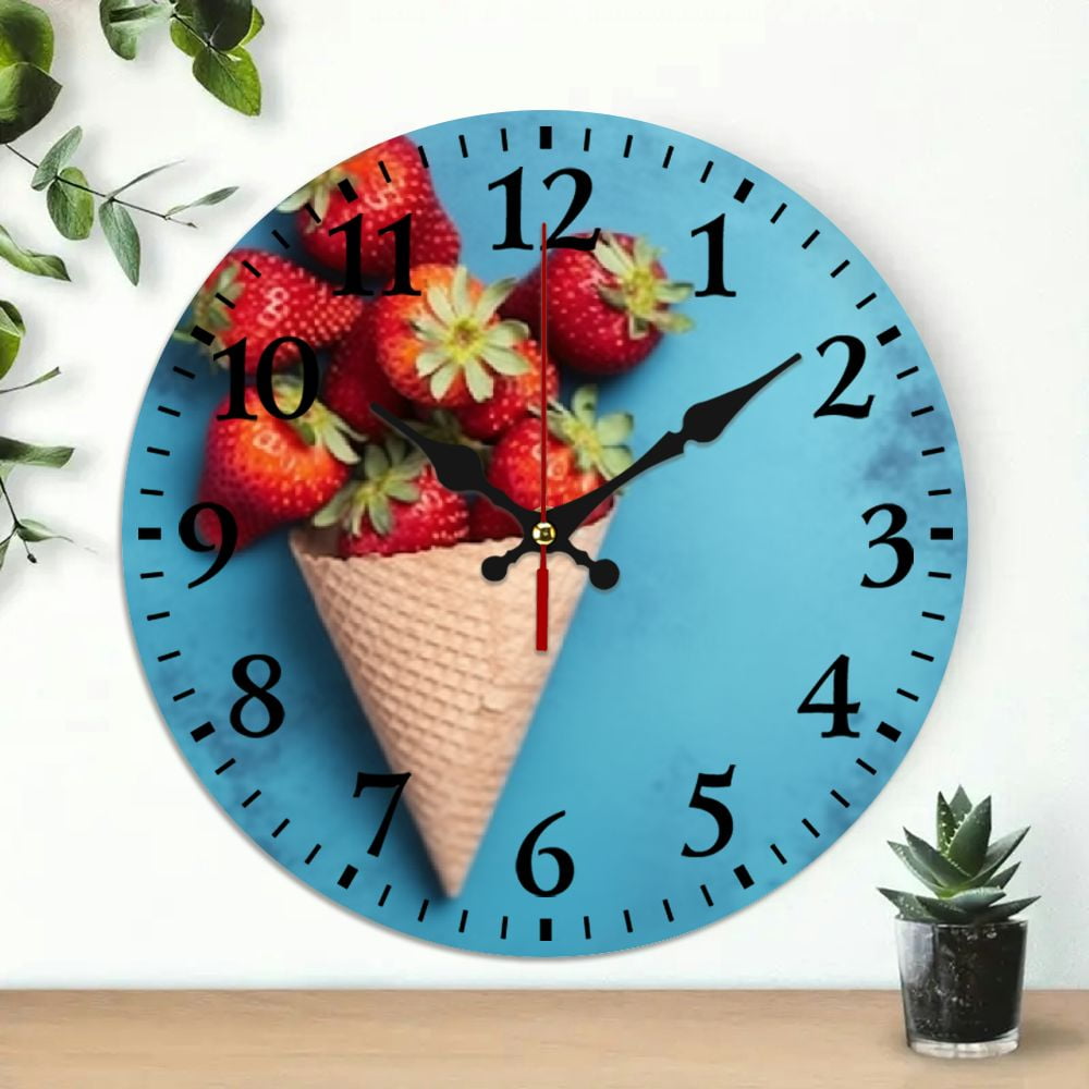 Chilfamy Strawberries Ice Cream Cone Round Wooden Wall Clock for Home ...