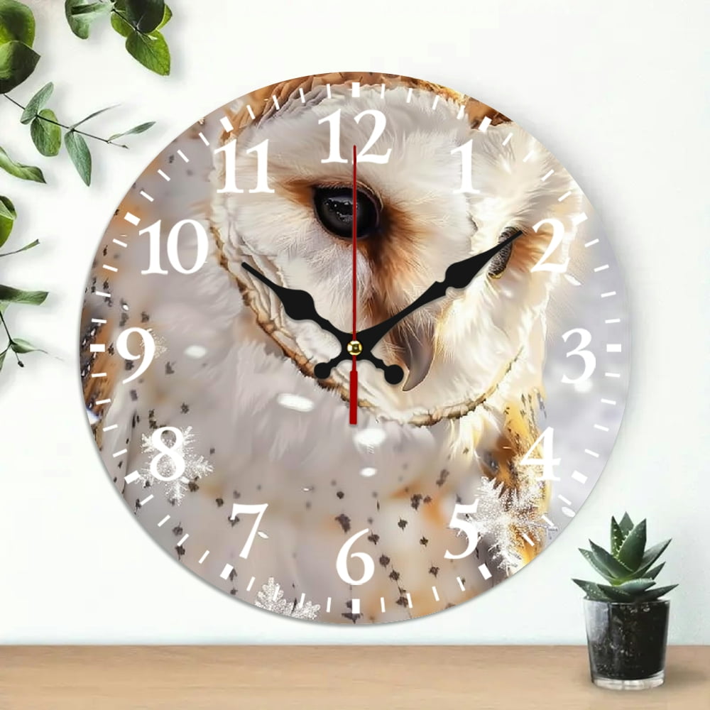 Chilfamy Stuffed Owl Snowflakes Digital Art Wall Clock Decor 10 Inches ...