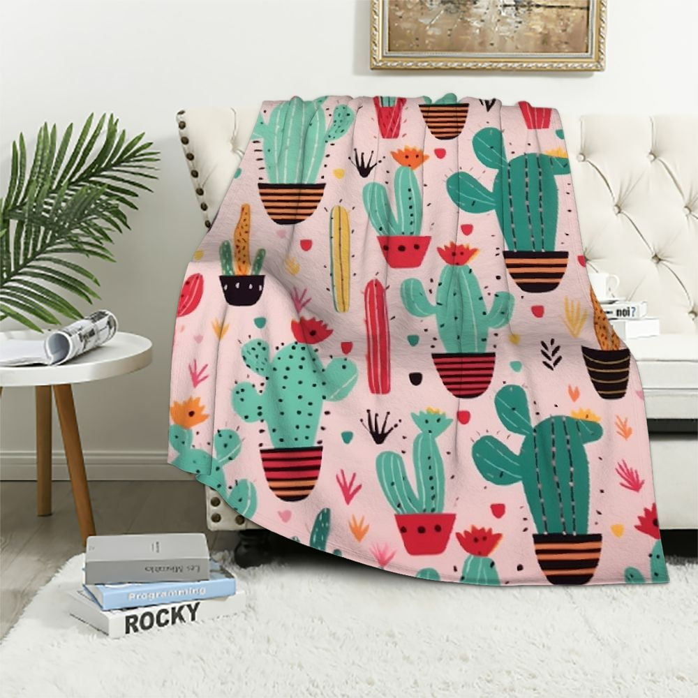 Chilfamy Stylish Cartoon Cactus Throw Blanket Soft Cozy Blanket ...
