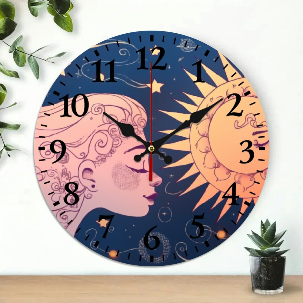 Chilfamy Sun Moon Stars Round Wooden Wall Clock Decorative Home Accents ...