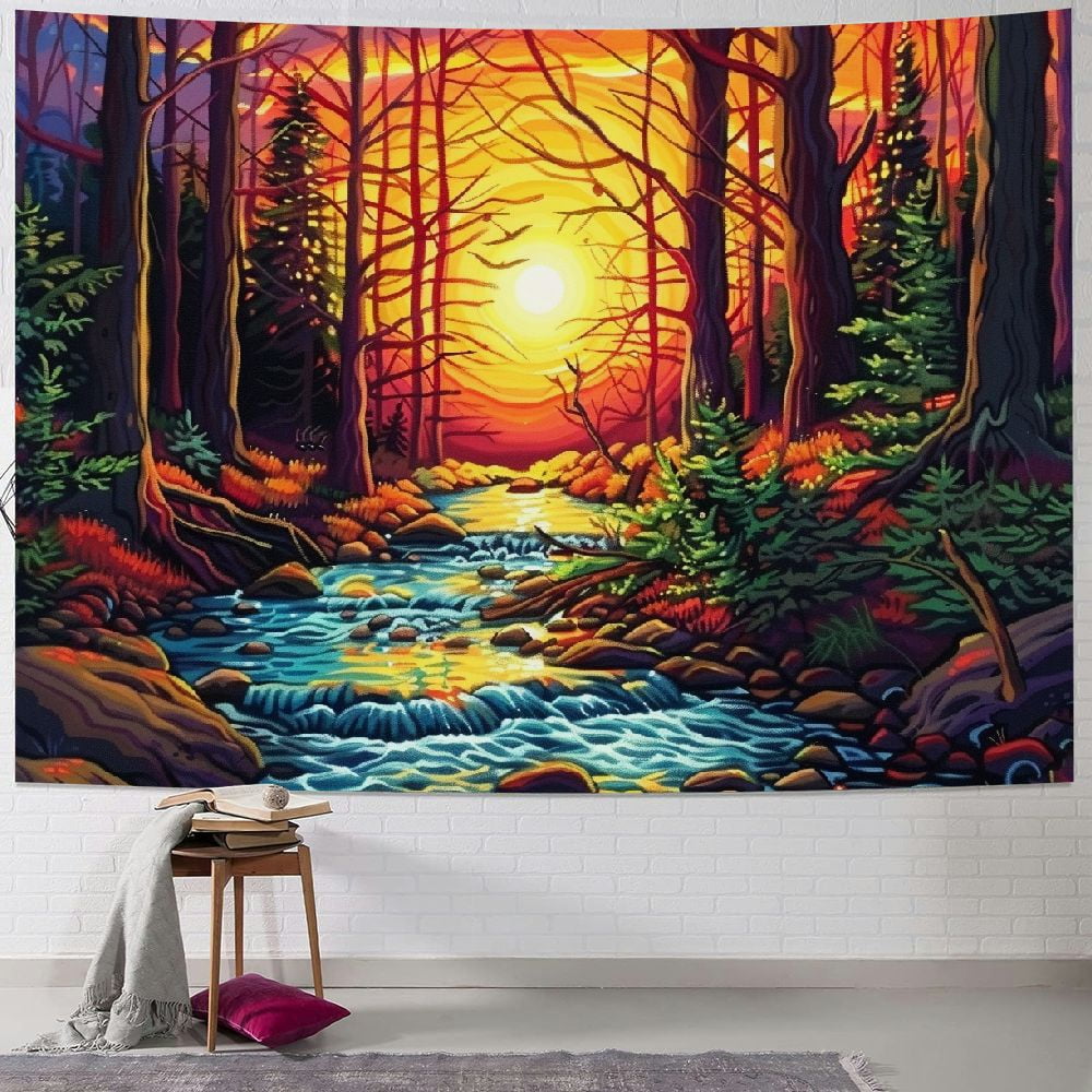 Chilfamy Sun Tapestry Trippy Forest Tree Tapestry Vintage Aesthetic Plant Floral Wall Tapestry ...