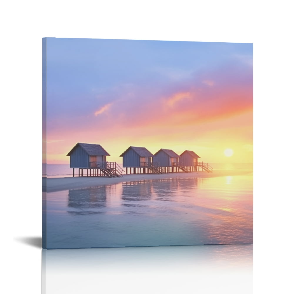 Chilfamy Sunset Beach Huts Art Modern Canvas Prints Wall Decor 12x12in ...