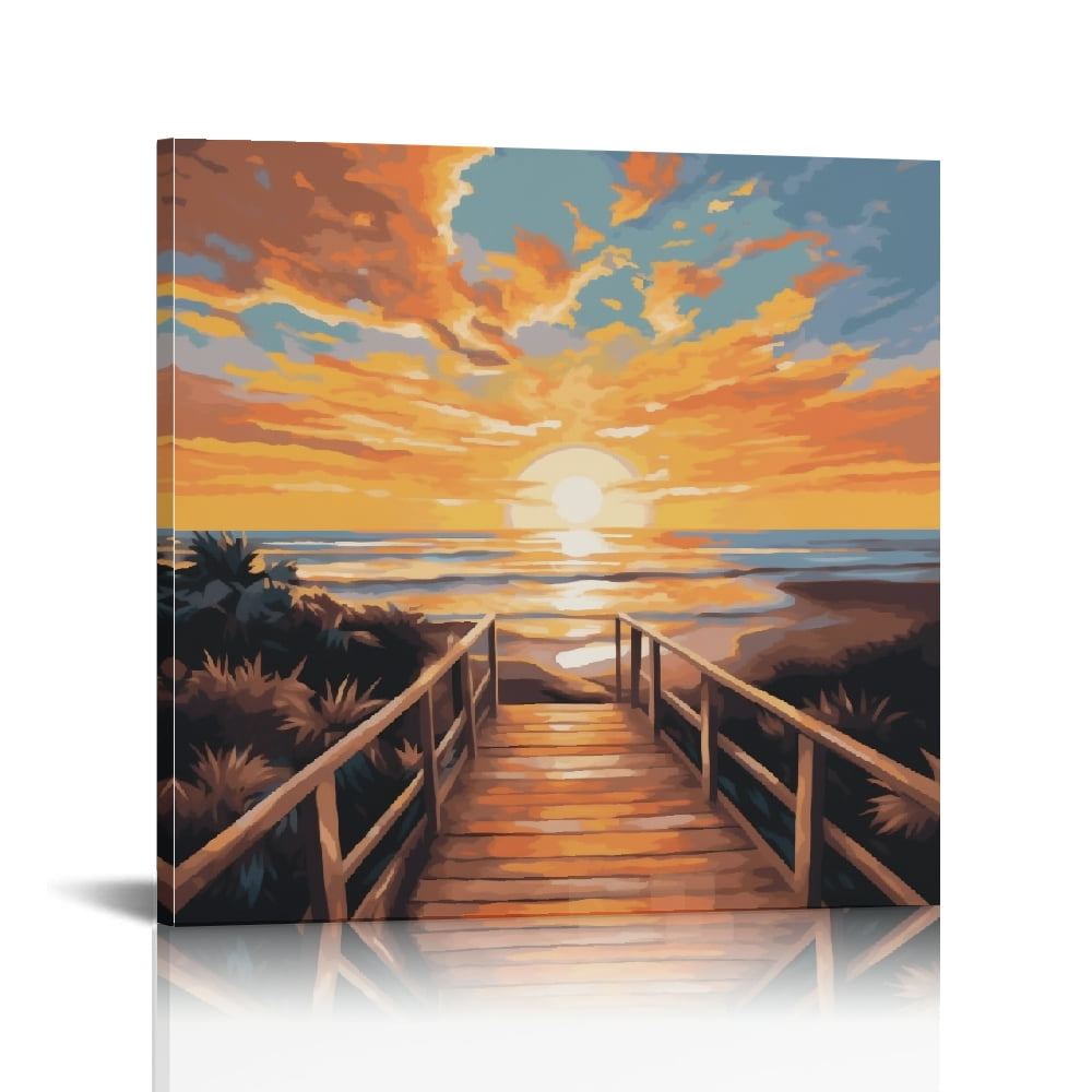Chilfamy Sunset Beach Wooden Walkway Canvas Wall Art Decor 16x16in ...