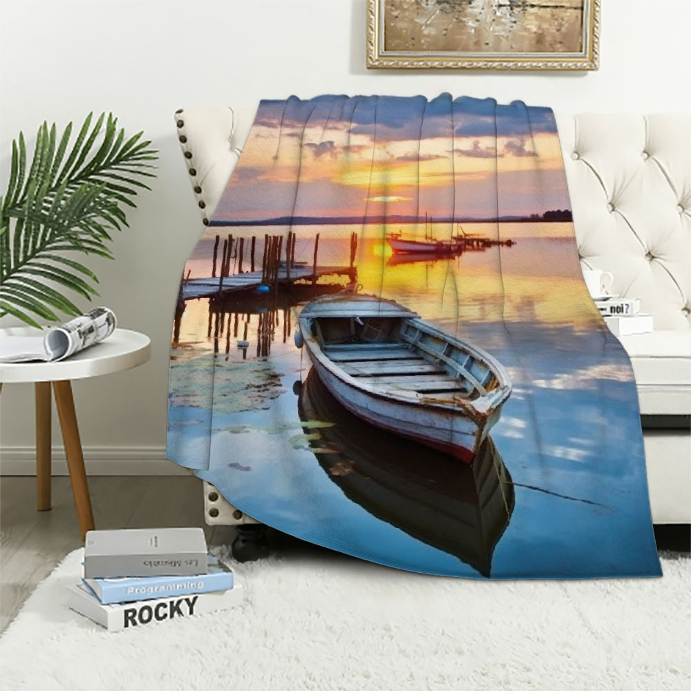 Chilfamy Sunset Boats Dock Cozy Throw Blanket for Bedroom Living Rooms ...