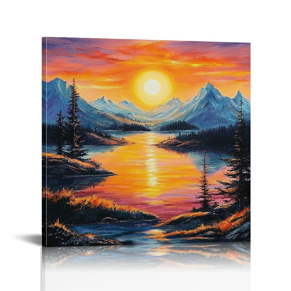 Chilfamy Sunset Mountains Lake Ready to Hang Wall Art Home Decor ...