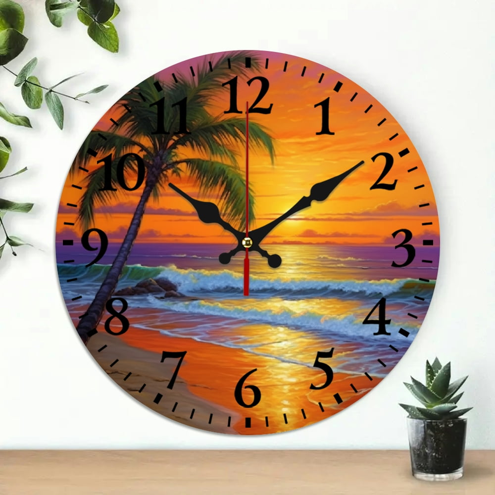 Chilfamy Sunset Palm Tree Round Wooden Wall Clock Wall Art Decor 10 ...