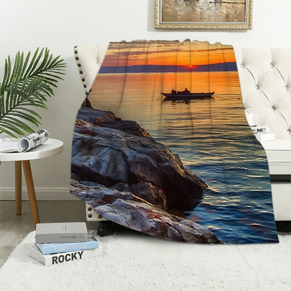 Chilfamy Sunset Waves Boats Throw Blanket for Couch Sofa Bed Office ...