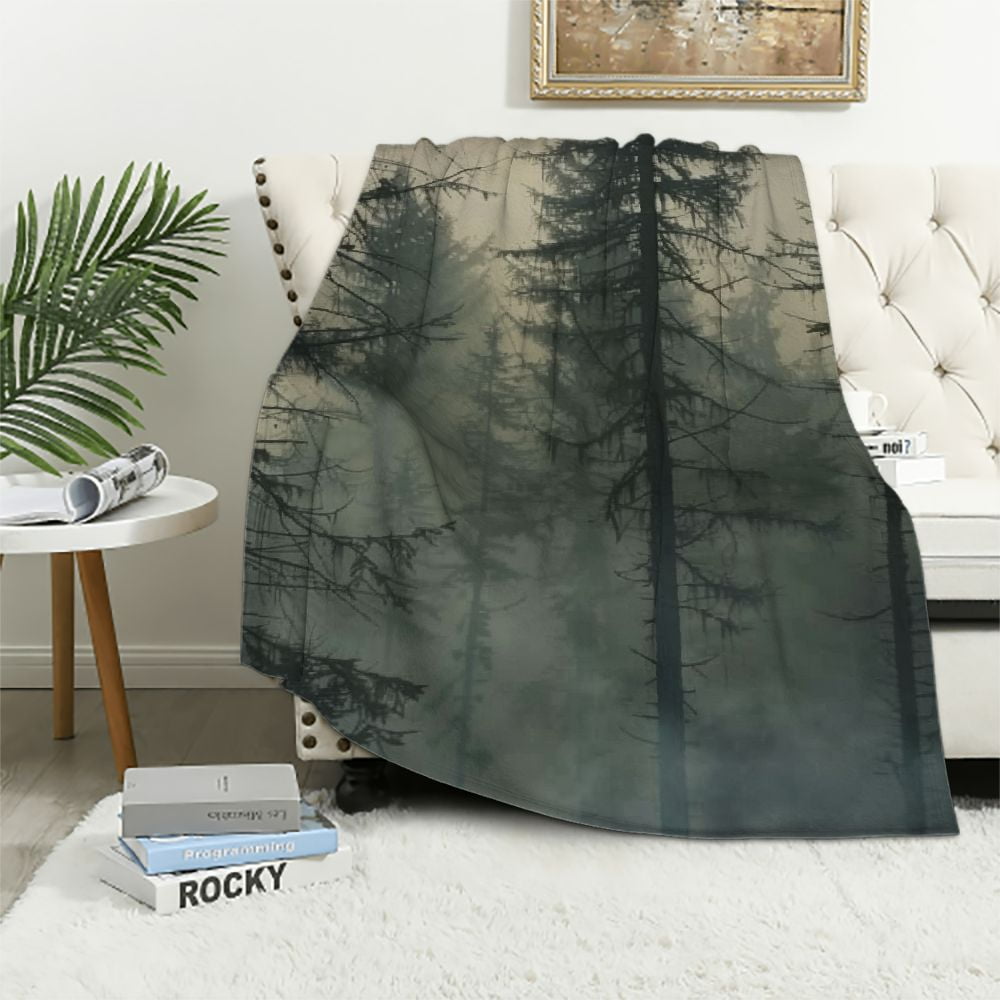 Chilfamy Tall Trees Foggy Forest Flannel Print Throw Blanket All ...