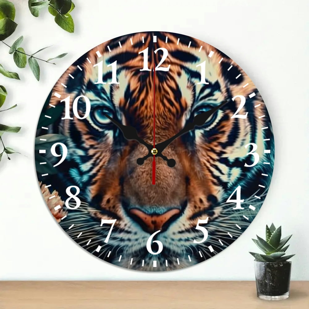 Chilfamy Tiger Blue Eyes Flower Wooden Wall Clock Silent Mechanical ...