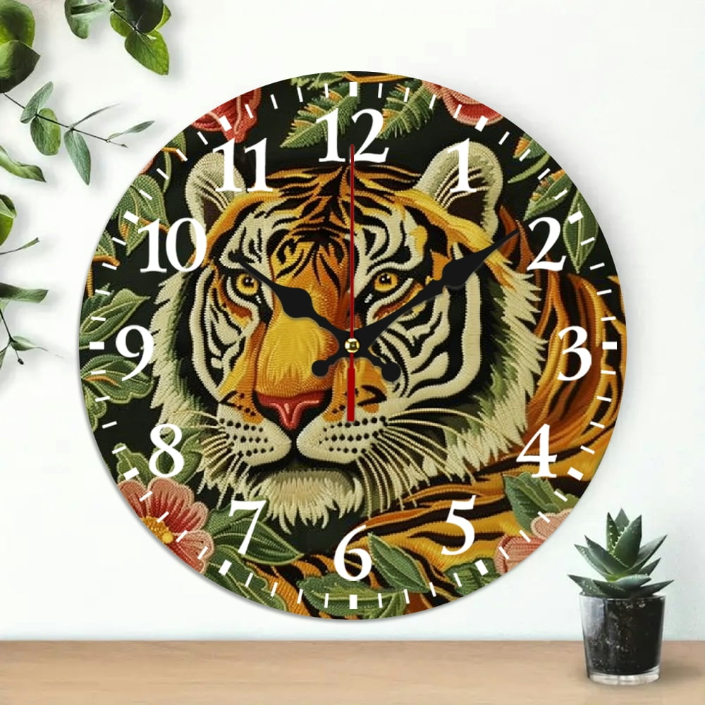 Chilfamy Tiger Flowers Leaves Theme 10-Inch Wooden Wall Clock for ...