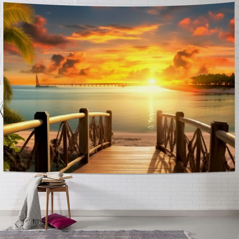 Chilfamy Tropical Balcony Sea Beach View Tapestry Seaside Wood Bridge ...