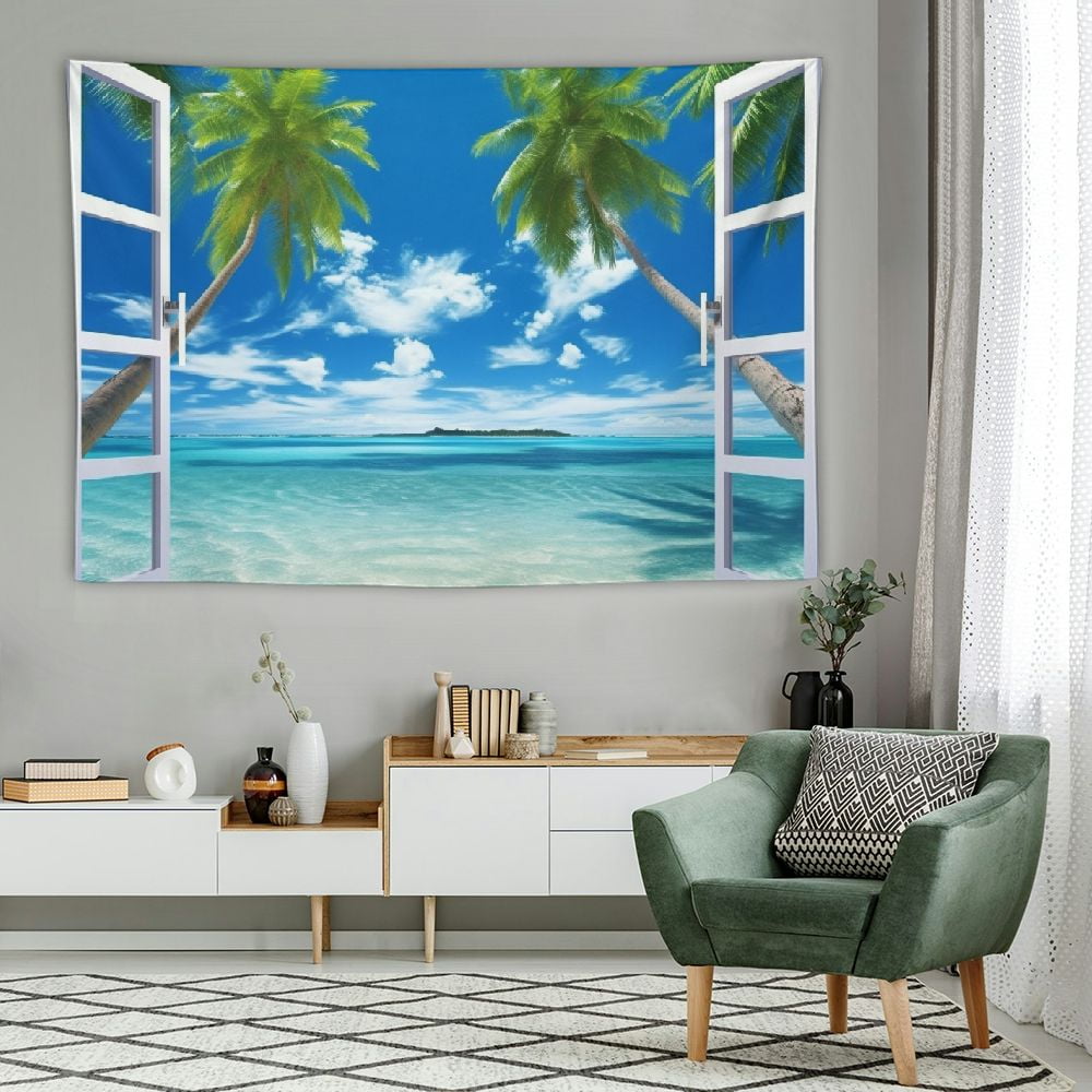 Chilfamy Tropical Beach Fake Window Wall Stickers Palm Trees Faux ...