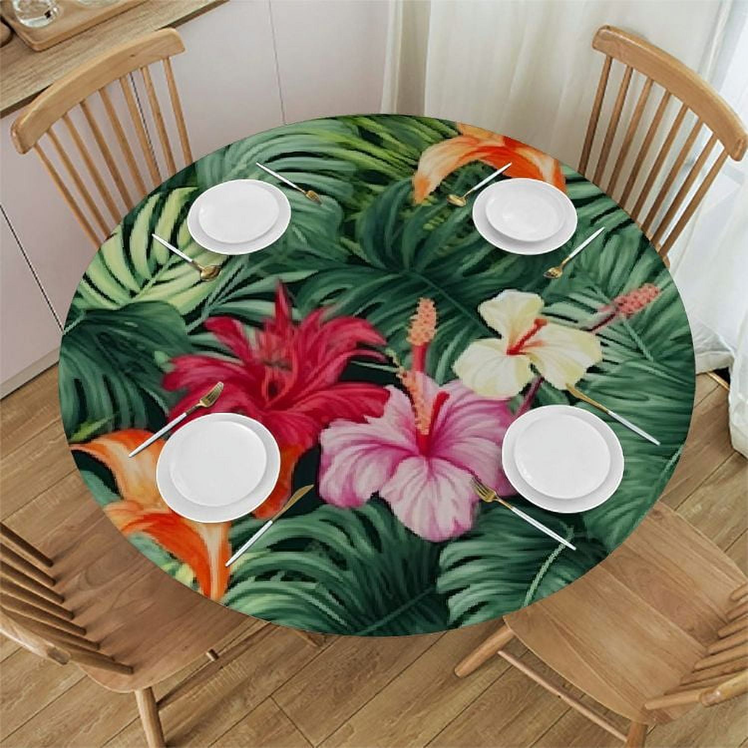 Chilfamy Tropical Round Tablecloth, Hawaiian Palm Tree Hibiscus Flowers ...