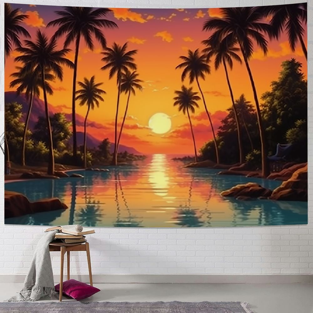 Chilfamy Tropical Tapestry, Sunset Beach Ocean with Palm Tree ...