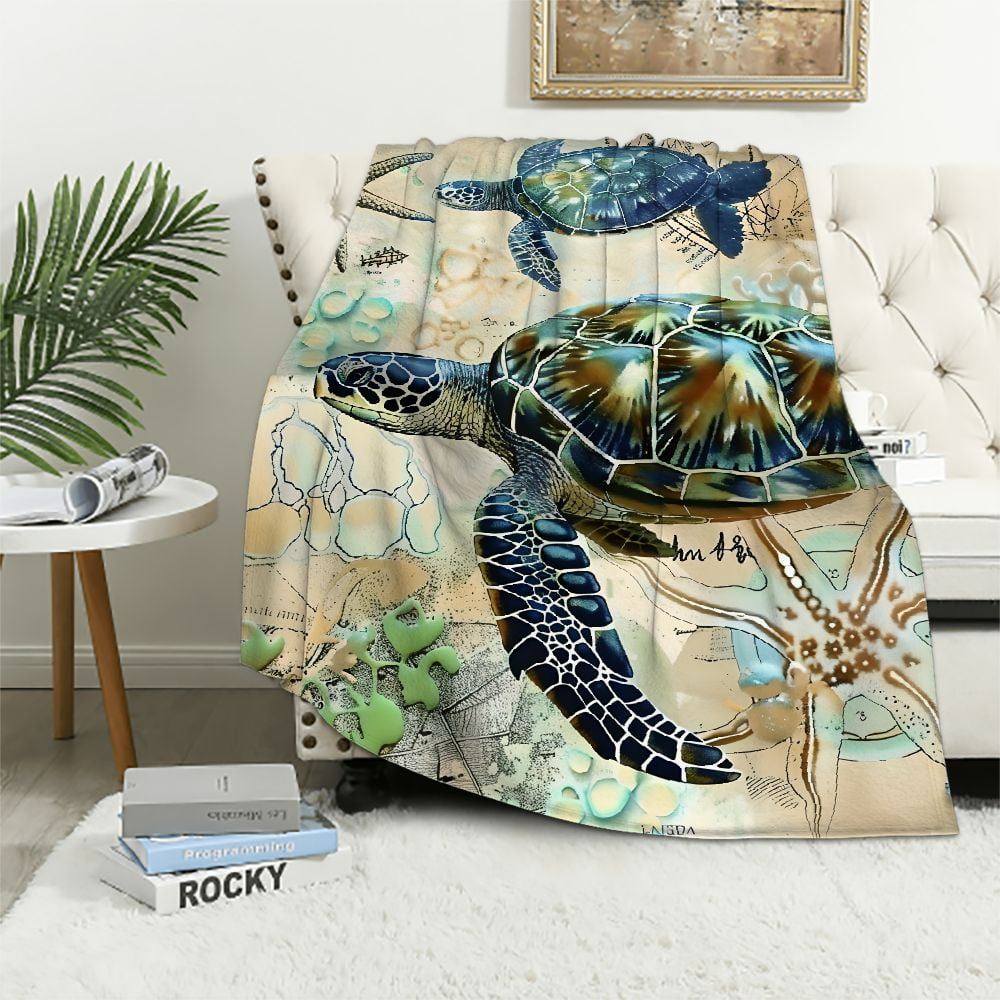 Chilfamy Turtle Marine Life Starfish Print Flannel Throw Blanket for ...