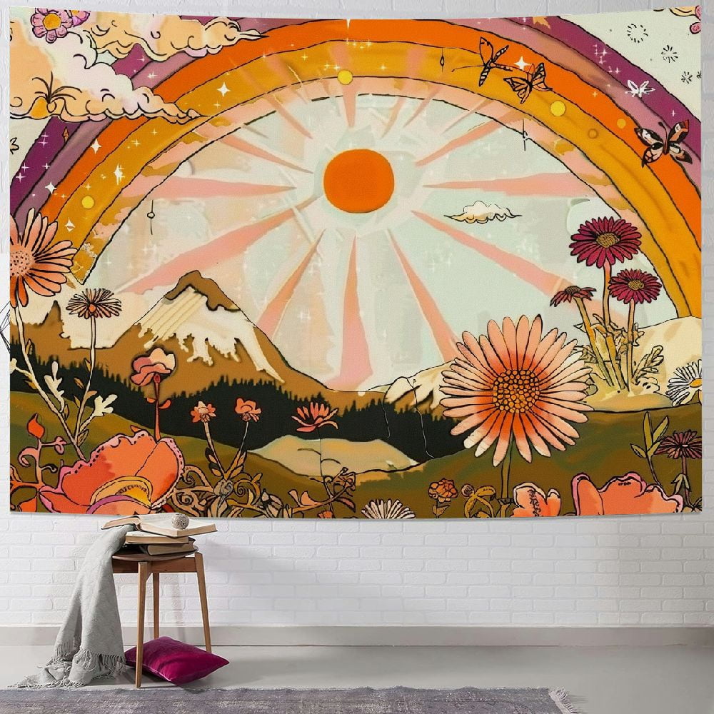 Chilfamy Vintage 70s 60s Groovy Tapestry, Retro Flowers Clouds Sun and ...