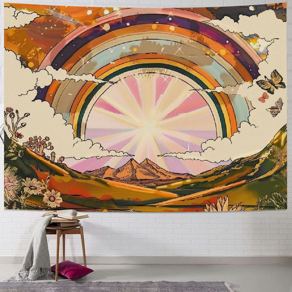 Chilfamy Vintage 70s 60s Groovy Tapestry, Retro Flowers Clouds Sun and ...