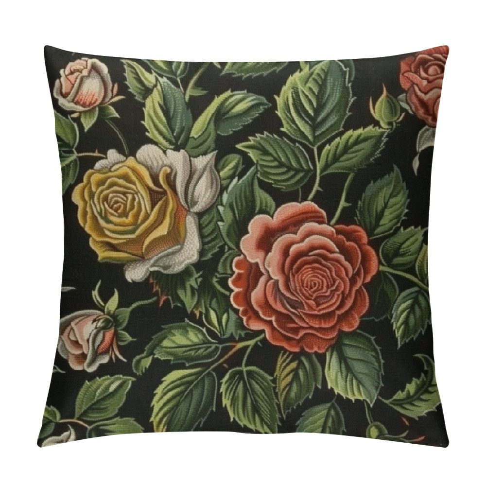 Chilfamy Vintage Red Rose Pillow Cover Reversible Print Style Retro ...